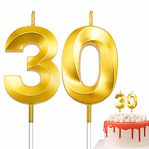 30th Birthday Candles, Number 30 Candles, Gold Birthday Candles, Happy Birthday Candles for Cake, 30th Birthday Cake Topper Decorations for 30th 3 Year Old Birthday Wedding Anniversary Supplies