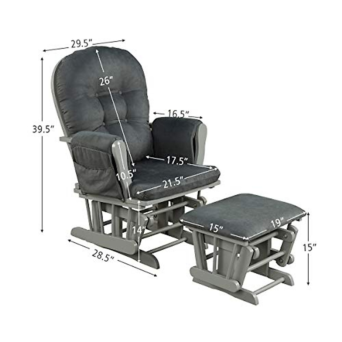 Costzon Baby Glider and Ottoman Cushion Set, Wood Baby Rocker Nursery Furniture, Upholstered Comfort Nursery Chair & Ottoman with Padded Arms (Dark Gray)