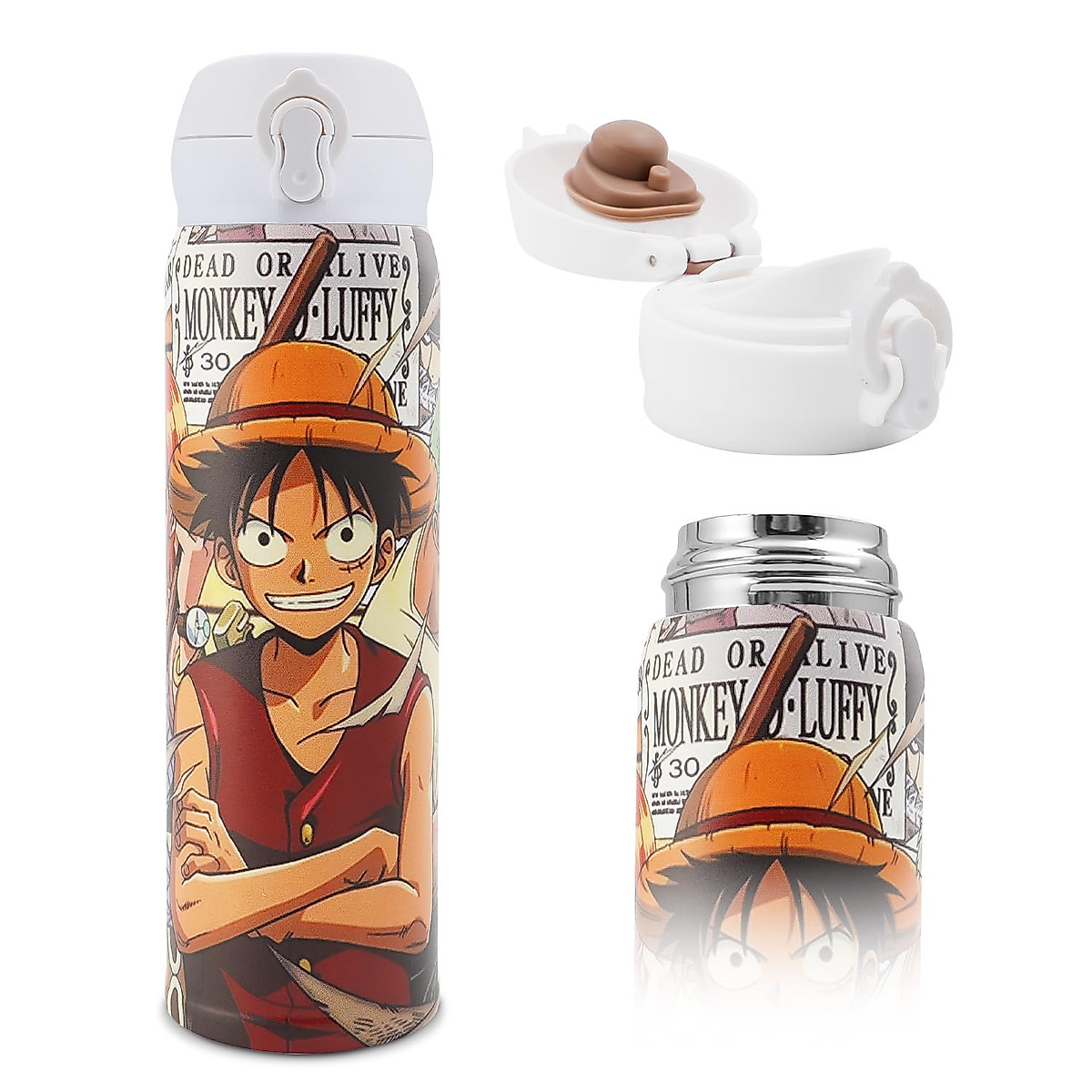 CNEISEJK Anime Piece Water Bottle, 16.9oz Vacuum Insulated Luffy Zoro Stainless Steel Cup Thermoses with Locking Cover Leak-Proof Design, 500ML, Orange