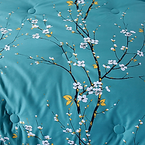 RYNGHIPY Girls Bedding Set Twin Size Teal Pastel Floral Bedding Comforter Set Tree Branch Printing Bedding with Pillowcases Soft Lightweight Down Alternative Bedding Sets All Seasons