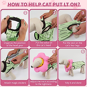 EMUST 2PCS Cat Recovery Suit and Cat Cone Collar Female, Cute Cat Surgical Suit for Abdominal Wounds or Skin Diseases, Adjustable Flower Neck Cat Cone Collar Soft for Cats 4-8lb(Green, M)