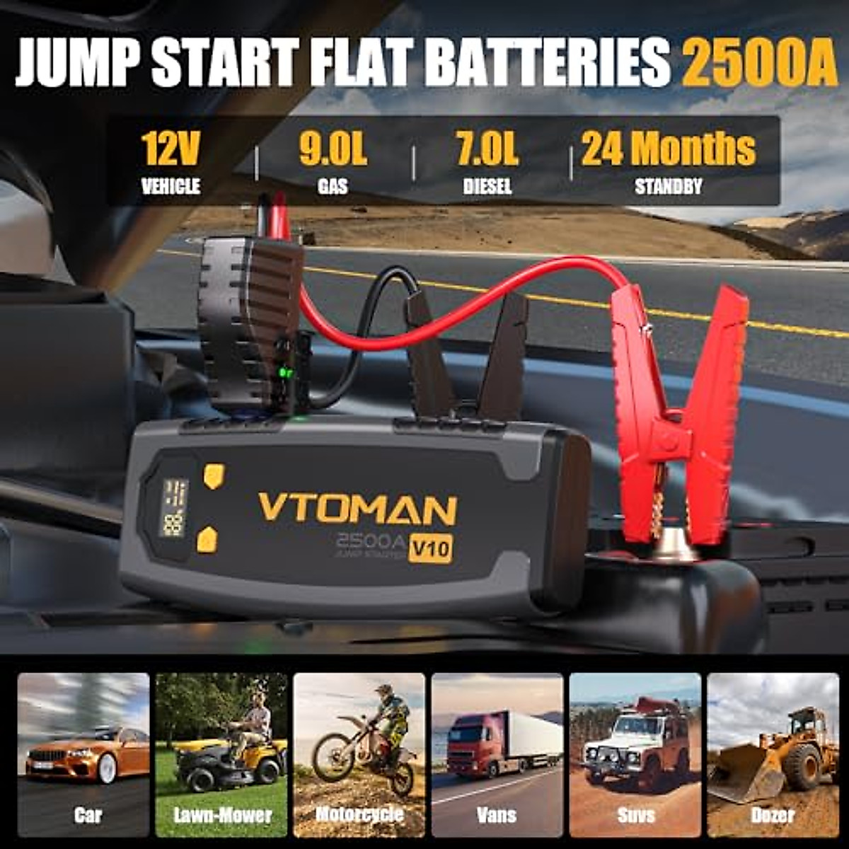 VTOMAN V10 Jump Starter, 2500A for 9L Gas and 7L Diesel Engine with PD30W Two-Way Quick Charge, Car Battey Charger Jump Box Portable, 12V Auto Battery Booster Power Pack with Jumper Cable WorkLight