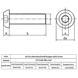 100pcs M5-0.8 x 8mm Round Head Hexagon Socket Screws10.9 Grade Alloy Steel, Oxidized Black Surface Treatment、Full Thread, Allen Socket Drive (Size: M5x8)