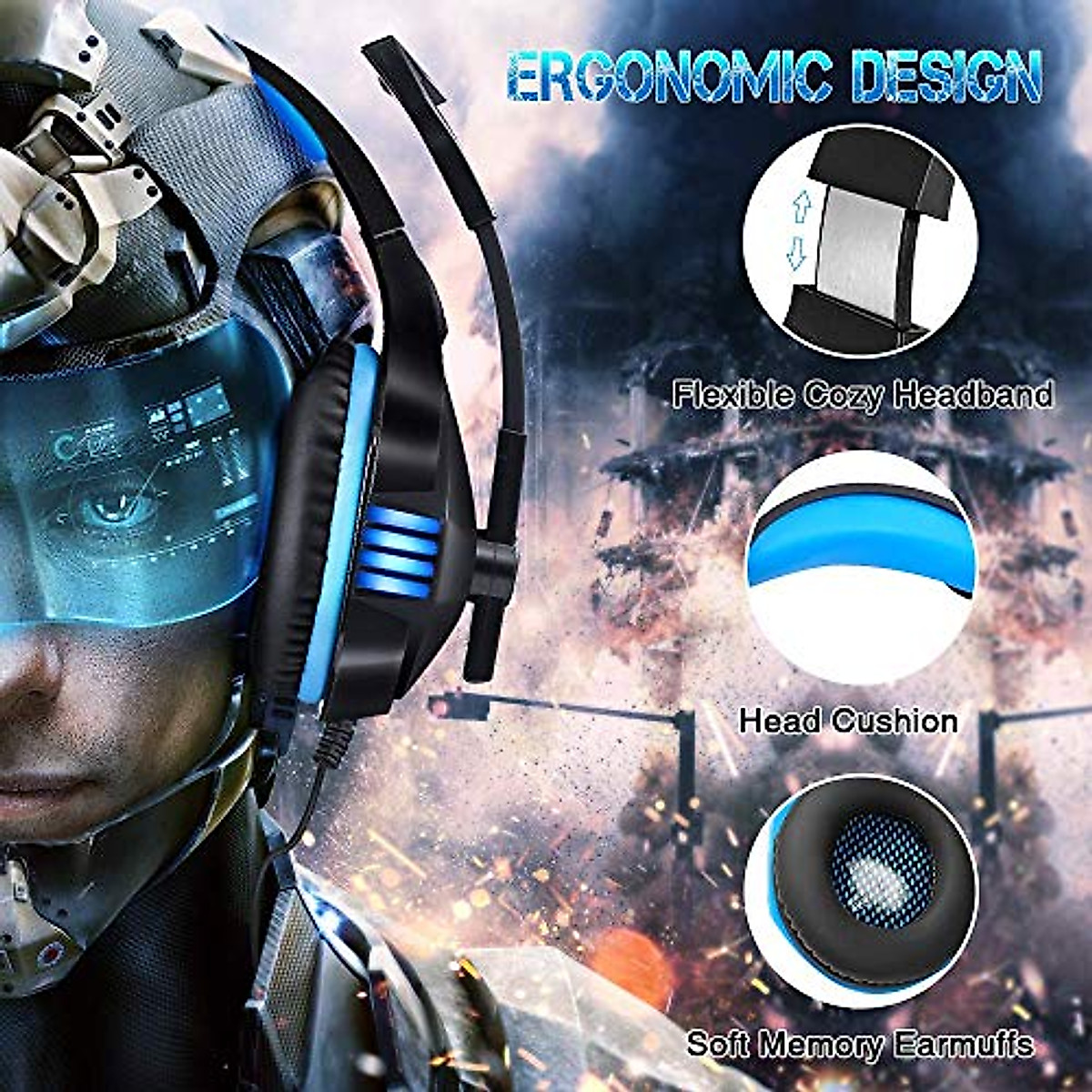 Micolindun Gaming Headset for Xbox One, PS4, PC, Over Ear Gaming Headphones with Noise Cancelling Mic LED Light, Stereo Bass Surround, Soft Memory Earmuffs for PS5, Smart Phone, Laptops, Tablet