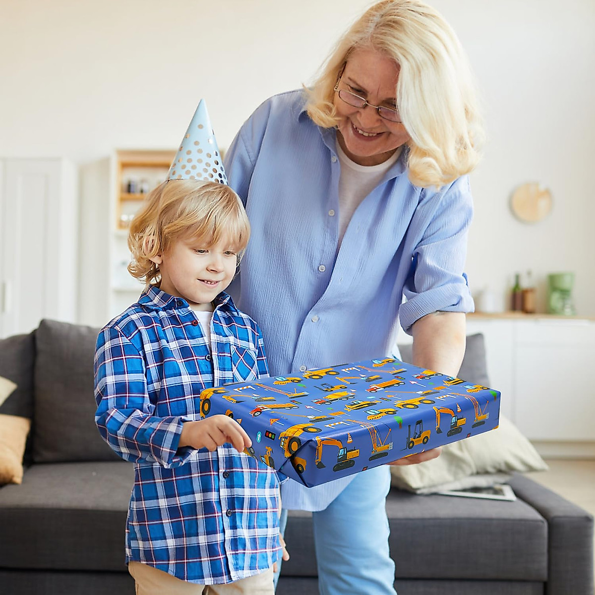 Birthday Wrapping Paper Construction Design 6 Sheets,Road Under Construction Excavator Tractor Dump Truck Wrapping Paper for Kids Boys,Folded Flat 20x28 inches per Sheet for Birthday Baby Showers