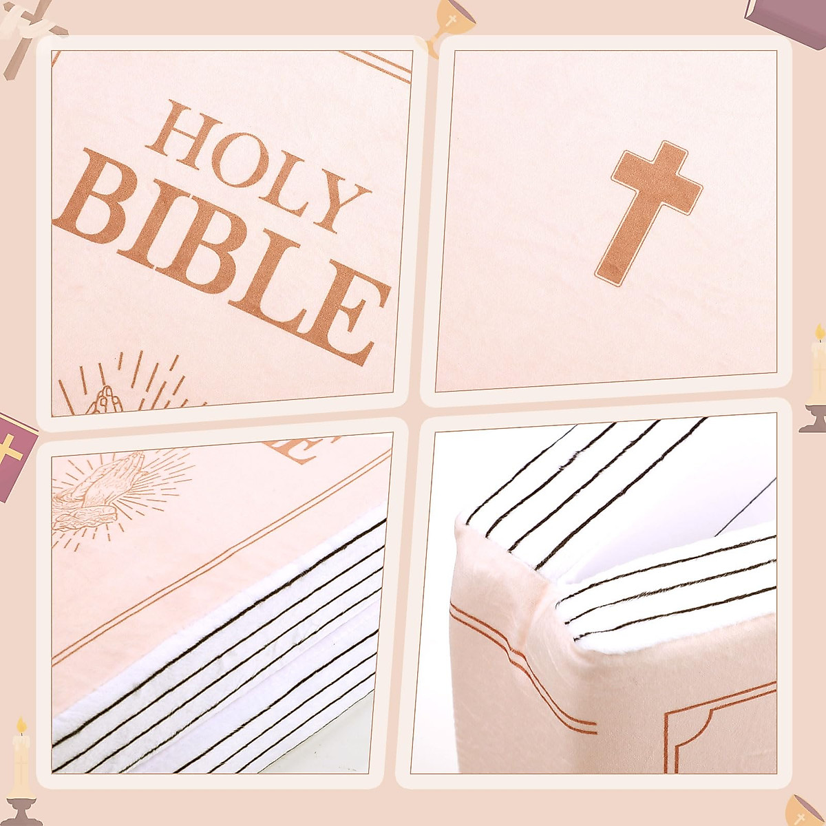 lasuroa Bible Pillow, 13x8.66x3.54 Inch Velvet Book Shape Pillow Plush That Opens Scripture Khaki Holy Bible Pillow Cozy Faith Bible Gift for Women Men