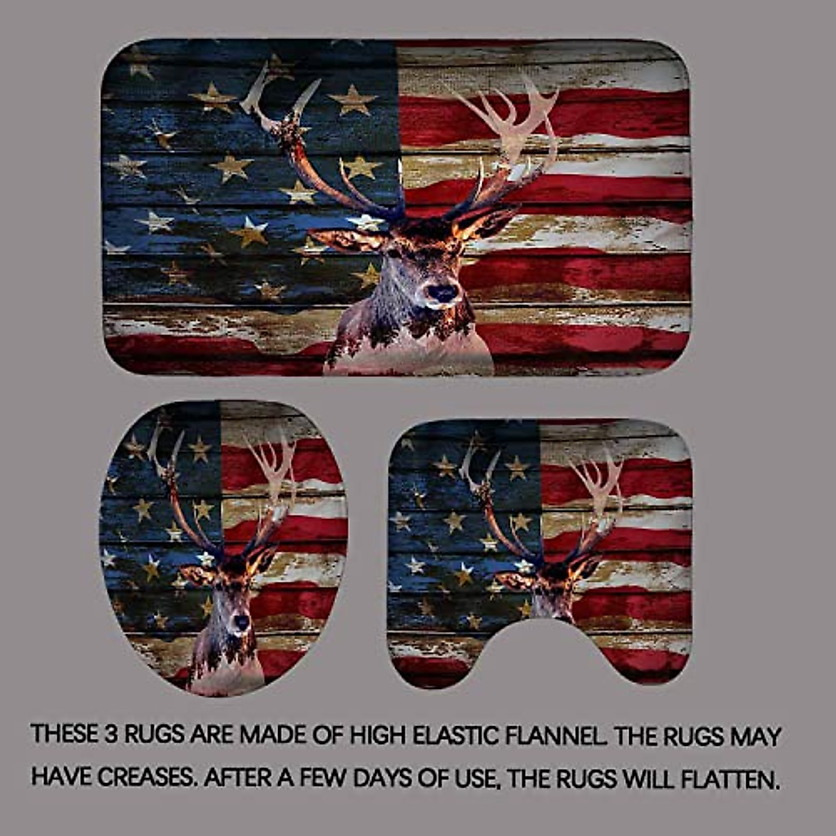 Dia Magico 4PCS Deer Shower Curtain Set, American Flag Patriotic Elk Antlers Moose Woodland Forest Animal Hunting Lodge Cabin Rustic Farmhouse Bathroom Decor, Fabric Shower Curtain Non-Slip Bath Mat