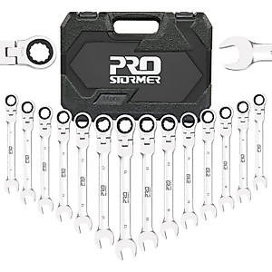 Prostormer 14-Piece Flex-Head Ratcheting Wrench Set, 6-19mm Metric Chrome Vanadium Steel Ratchet Wrenches, Combination Ended Spanner Kit with Storage Case