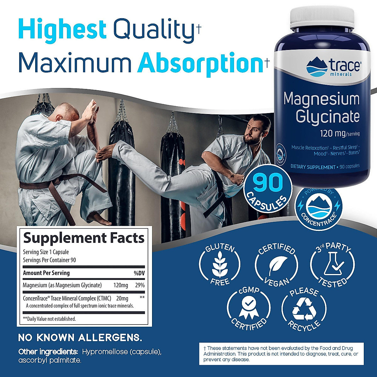 Trace Minerals Magnesium Glycinate 120mg - Bone Strength & Muscle Support - Magnesium Supplement to Aid Healthy Sleep Patterns & Relaxation - Support Nerve Function - 90 Capsules (90 Servings)
