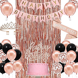Birthday Decorations for Girl Women - Birthday Crown, Sash, HAPPY BIRTHDAY Banner , Cake Topper for Girl Women 18th 19th 21st 33th 40th 50th 60th 70th Birthday Decorations for Her Rose Gold