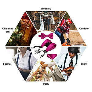 HISDERN Pink Bow Tie and Suspenders for Men Solid Handkerchief 6 Clips Adjustable Y Shape Tuxedo Hot Pink Suspenders & Pocket Square Set Wedding Party Braces