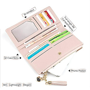 Wallets for Women Leather Cell Phone Case Holster Bag Long Slim Credit Card Holder Cute Minimalist Coin Purse Thin Large Capacity Zip Clutch Handbag Wallet for Girls and Boys Ladies (Pink)