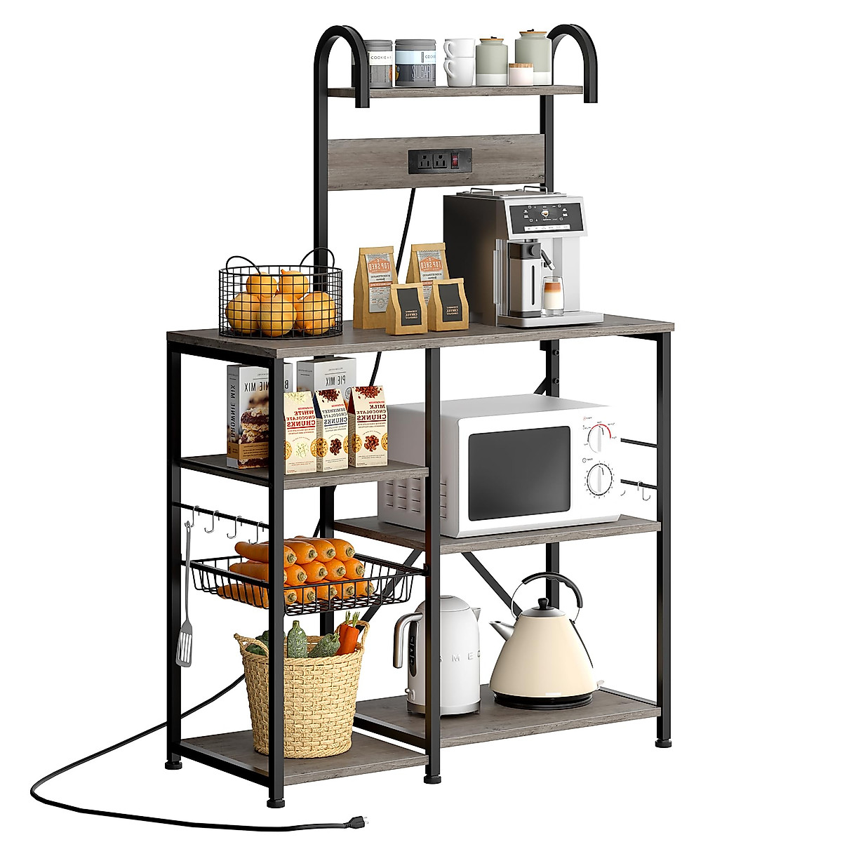 JAMFLY Bakers Rack with Power Outlet, Microwave Stand, kitchen Storage Shelf with 6 Hooks, Coffee Bar Station with Wire Basket, 6 Tier Kitchen Rack for Living Room, Spice, Pots and Pans Organizer