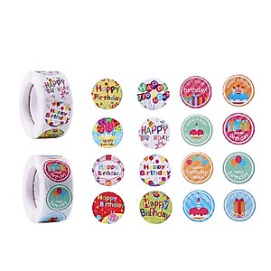(1000pcs 2 Rolls,1") Happy Birthday Stickers Roll in 16 Designs, Adorable Round Seal Stickers, Envelope Seal Sticker Self Adhesive Stickers Pasters for Gift Packaging, Party Invitations and MORE