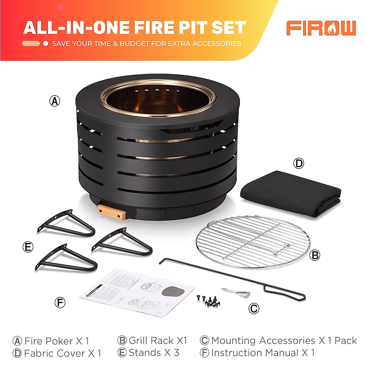 FIROW Smokeless Fire Pit, 23 Inch Fire Pit for Outside with Removable Ash Pan, Outdoor Firepit Ideal for Camping,Bonfire and Backyard, Include Fire Poker, Firepit Cover and Grill Rack