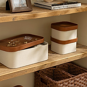 Beige Decorative Storage Boxes With Lids, Storage Baskets with Leather-Like Lids, Sturdy Stackable Paper Boxes Decorative Tray, Modern Basket Organizer Bins for Jewelry Shelve Bathroom Bedroom