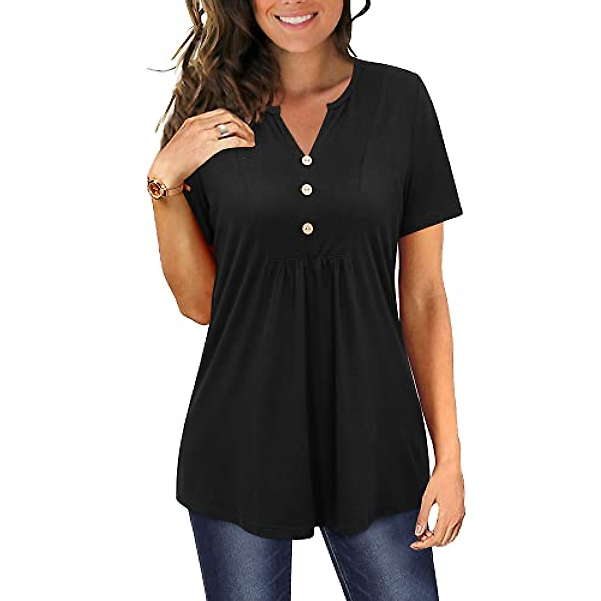 LAISHEN Women's Short Sleeve Henley V Neck Shirts Button Down Tunic Tops Casual Summer Blouse(Black,L)