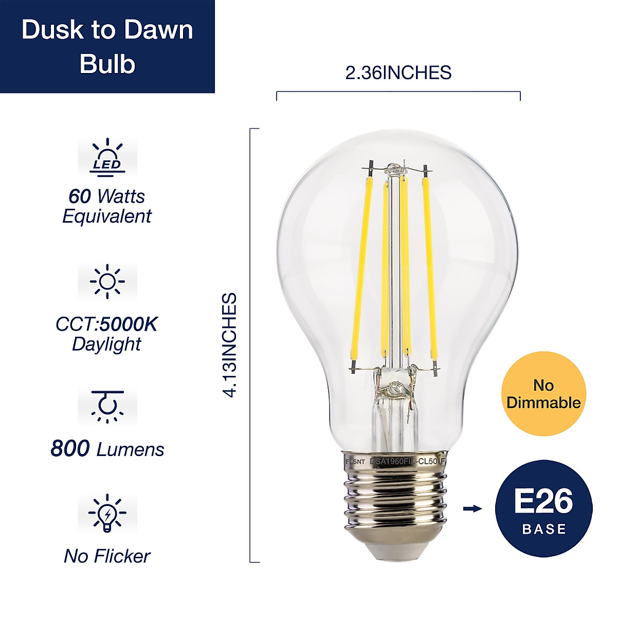 FLSNT Dusk to Dawn Outdoor Sensor A19 LED Light Bulb, 5000K Daylight, 7W (60W Eqv.), 800LM, Vintage Filament E26 Base,Auto On/Off Photocell Automatic for Energy-Efficient Outdoor Lighting, 4 Pack