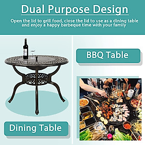 MEETWARM 40.3" Patio Fire Pit Dining Table Round Charcoal and Wood Burning, Outdoor All Weather Cast Aluminum Patio Furniture with Fire Bowl, Cooking BBQ Grill, Wood Grate, Spark Screen and Poker