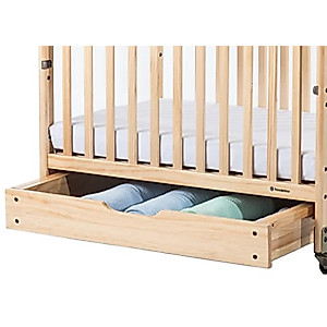 Foundations Serenity SafeReach Crib with Adjustable Mattress Board, Compact Baby Crib with Commercial Grade Casters, Clear End Panels for Child Visibility, Includes 3” Foam Mattress (Natural)
