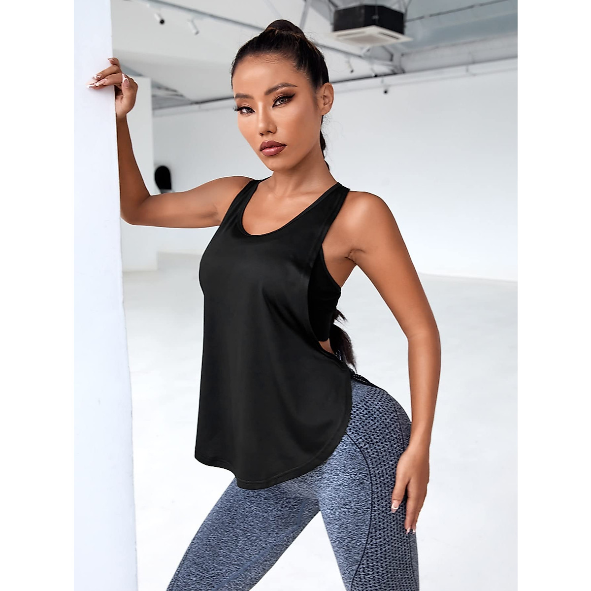 MakeMeChic Women's Hollow Out Racerback Athletic Sports Tank Tops Sleeveless Workout Shirts Black S