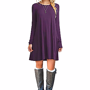 MOLERANI Women's Casual Plain Long Sleeve Simple T-Shirt Loose Dress (M, Purple)