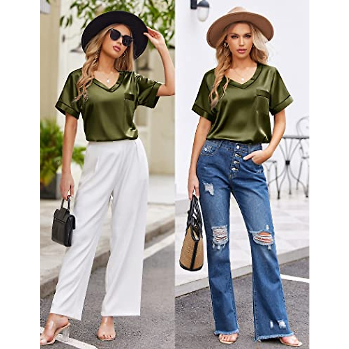 Ekouaer Women Satin Sleepwear Slip 2 Piece Pajamas Silk Pjs Short Sleeve Top and Loose Shorts Outfits Set Army Green XL