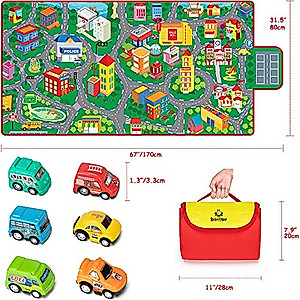 beetoy Car Rug Play Mat, Car Mat for Kids Toy Cars, Car Play Rug Toy Car Mat Large Car Play Mats for Kids City Life Race Car Track Rug Portable Anti-Slip Educational Rug with Roads for 6 Toy Cars