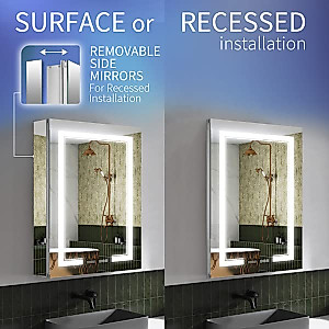 BENIME 30×32 Inch Bathroom Medicine Cabinets with LED Mirror CRI90+, Defogger, Stepless Dimmer, 3 Colors Light, Clock, Room Temperature, 5X Magnifying Makeup Mirror, Outlet & USBs, Recessed or Surface