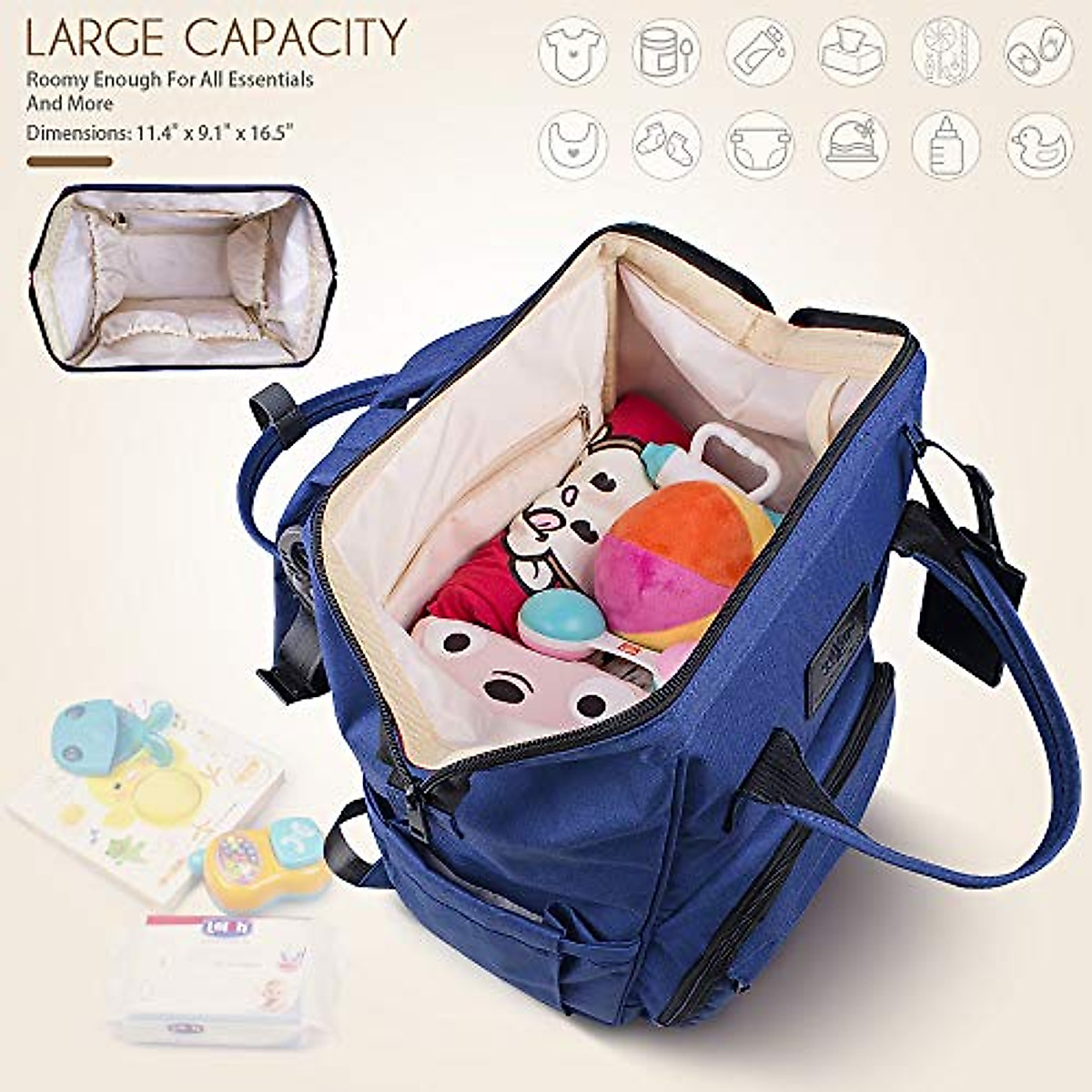 Qipi Diaper Bag - Spacious & Smart Multi-Function Nappy Bag w/ Changing Pad - Deep Blue