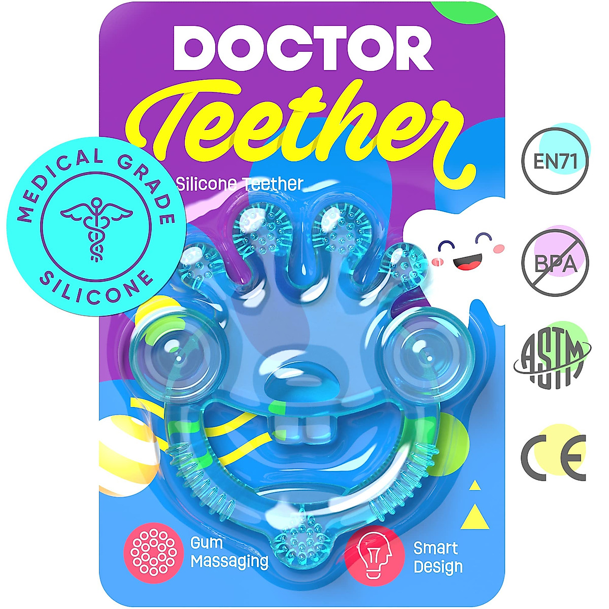 Funny Baby Teether for Boys and Girls. Odorless Medical Grade Non-Toxic Smiley Silicone Teether. BPA Free (Aqua Blue)