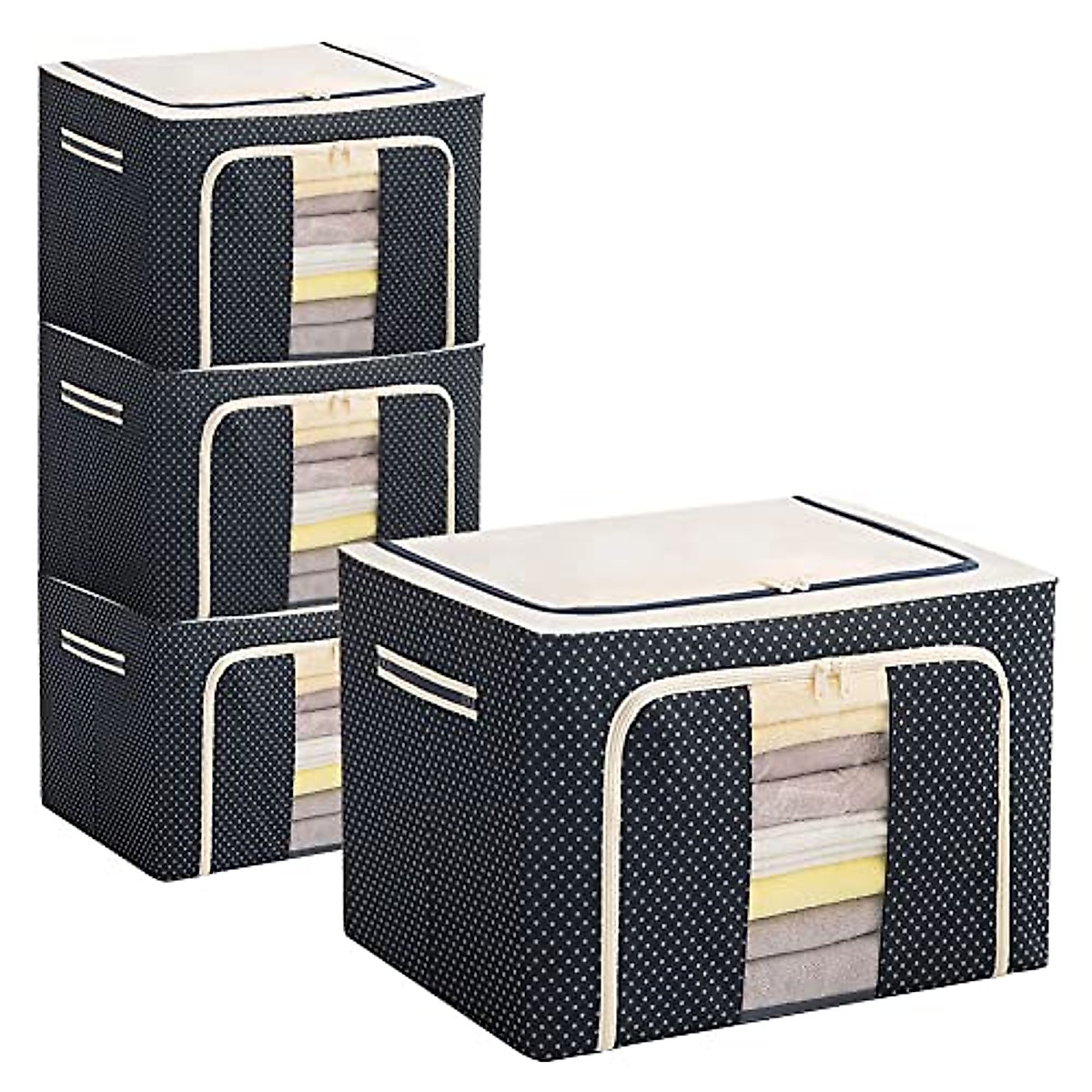 Dimusel Clothes Storage Bins, 100L [4 Pack ] Foldable Oxford Cloth Steel Frame Organizers Bag with Large Clear Window & Durable Handles Carry Handles for Clothing, Comforter Storage (Blue Dots)