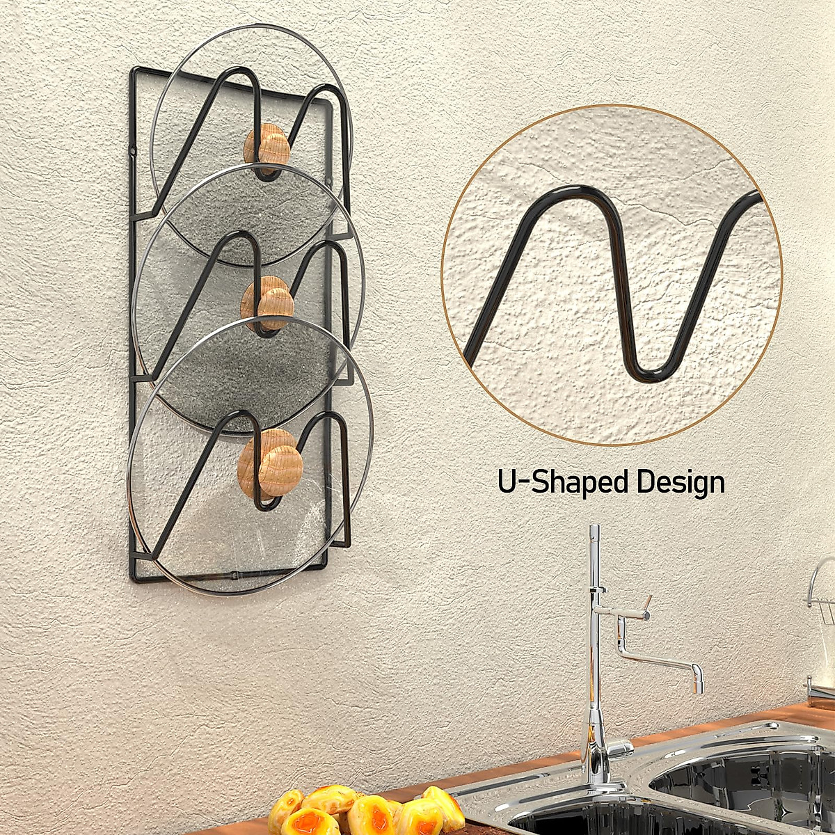 Jomoto 2-Pack Pot Lid Organizer, 6-Tier Pots & Pans Lid Holder Organizer for Cabinet or Wall/Door Kitchen Storage, No-Drill Adhesive Mount, Space-Saving Solution (Black)