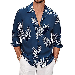 COOFANDY Long Sleeve Hawaiian Shirts for Men Palm Leaf Printed Button Down Shirts Cuban Collar Hawaiian Floral Shirt Palm Leaf L