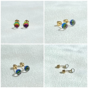 14K REAL Gold CZ Rainbow Crystal Disco Ball Stud Earrings for Women with Screw Backs