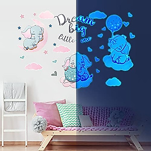 Glow in The Dark Elephant Wall Decals Stickers Dream Big Little One Pink Moon Grey Stars Wall Decal for Girls Bedroom Kids Nursery Room Living Room Bedroom Home Decor