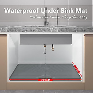 Under Sink Mat, 34"x22" Silicone Under Sink Mats for Kitchen Waterproof, Cabinet Drip Tray, Bottom of Kitchen Under The Sink Mat, Liner Protector with 1" Lip Drain Hole for Leak