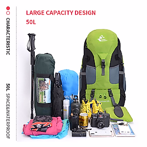 Bseash 50L Hiking Backpack, Water Resistant Lightweight Outdoor Sport Daypack Travel Bag for Camping Climbing Touring (Green - No Shoe Compartment)