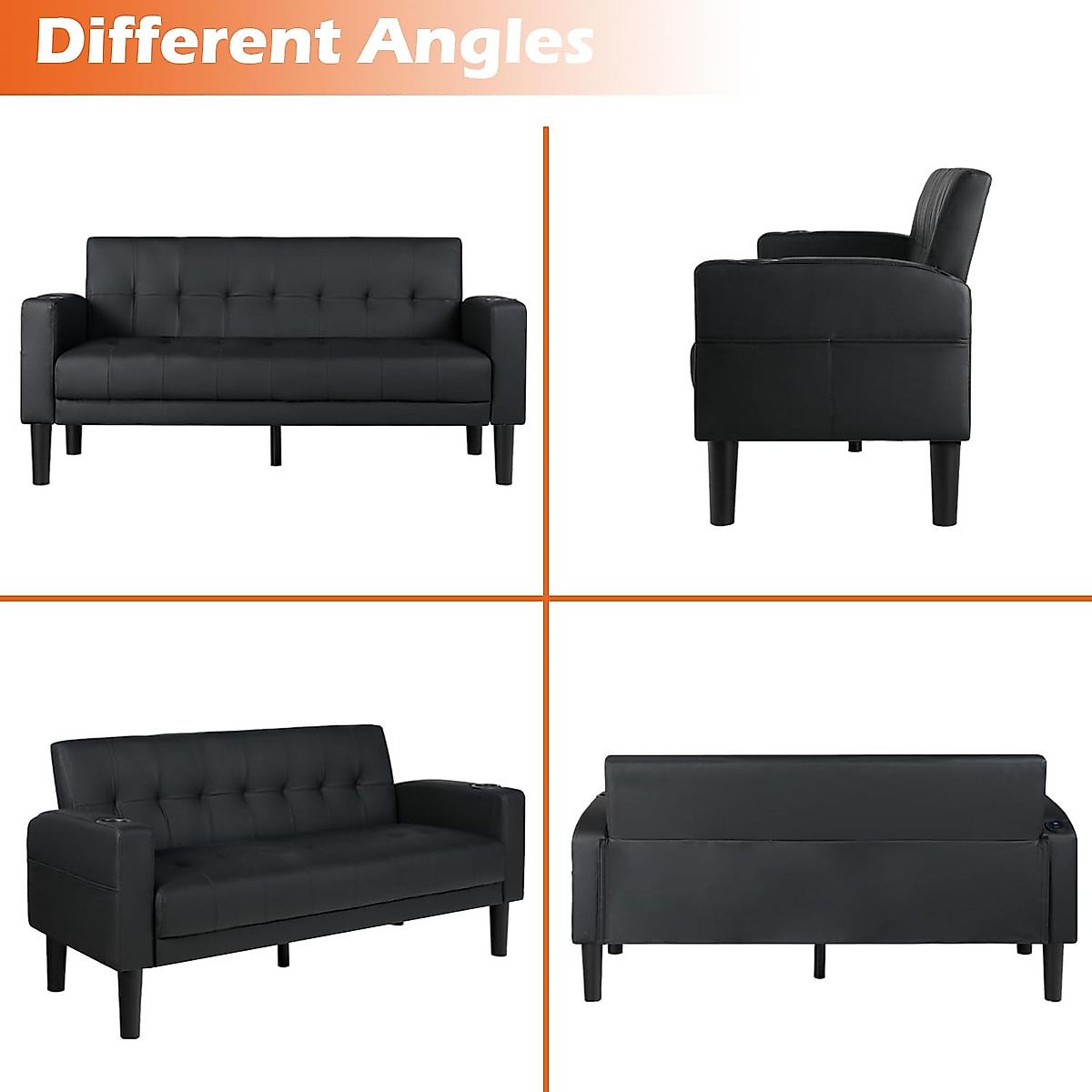 AILEEKISS 2 Piece Living Room Sofa Set Loveseat Sofas Sets with 2 USB, Cup Holders, Side Pocket, Modern Leather 2 Pcs Sectional Couches Set for Apartment, Office, Bedroom (Black, 2-Seat+1-Seat)