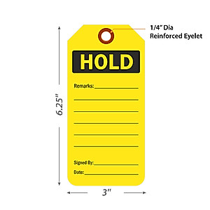 SmartSign Pack of 100 Hold Tags in Dispenser Box | 3" x 6.25" Fluorescent Cardstock, Tear Resistant Fiber Patch, Yellow