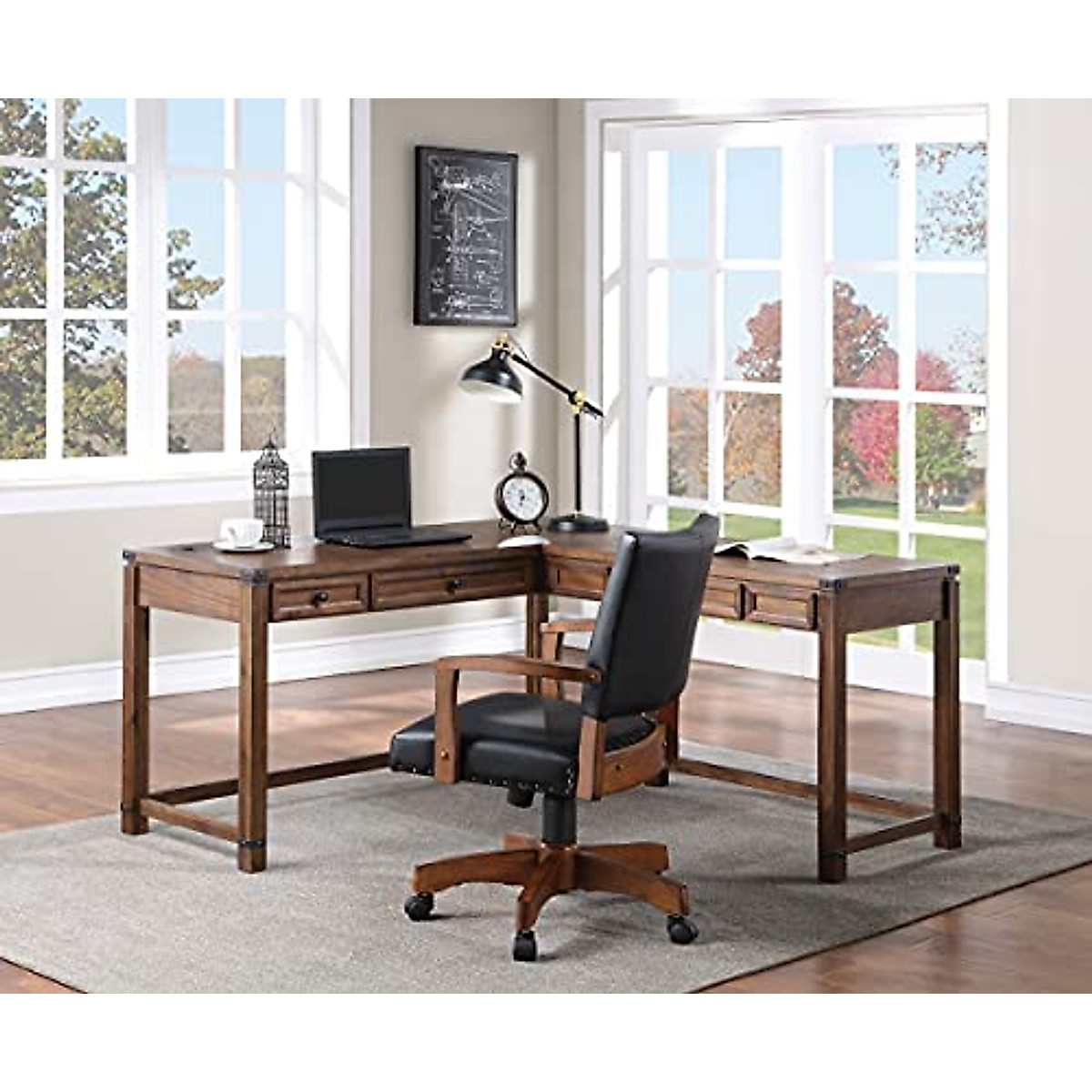 OSP Home Furnishings Baton Rouge Rustic L-Shape Office Desk with Power Port Drawer, Brushed Walnut Finish
