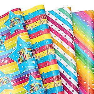 THMORT Birthday Wrapping Paper for Kids, Boys&Girls, Adults. Gift Wrapping Paper With Star, Rainbow stripe line Happy Birthday 4 Colorful Designs for Baby Shower, Holiday, Party Pack of 12 Sheets 20 X 29 Inch