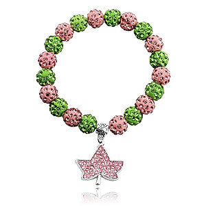 Sorority Gift for Women Greek Sorority Paraphernalia Bracelet Crystal Leaf Charm Bracelet Pink and Green Jewelry Sisterhood Gift (Leaf Bracelet)