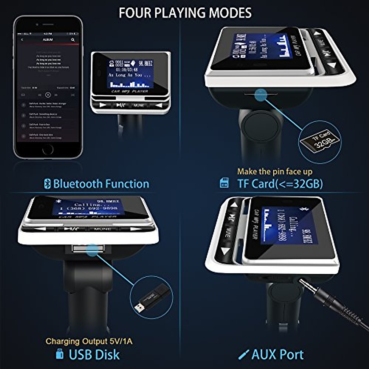 FM Transmitter, Tohayie Bluetooth Wireless Radio Adapter Audio Receiver Stereo Music Tuner Modulator Car Kit with USB Charger, Remote Control, Silver