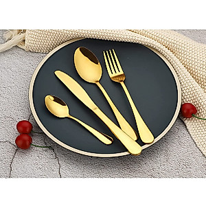 Gold Silverware Set with Box, 24-Piece Stainless Steel Gold Flatware Housewarming Cutlery Gift Set, Kitchen Utensils Knife Fork Spoon Dinnerware Tableware Kit Mirror Finish, Smooth Edge, Service for 6
