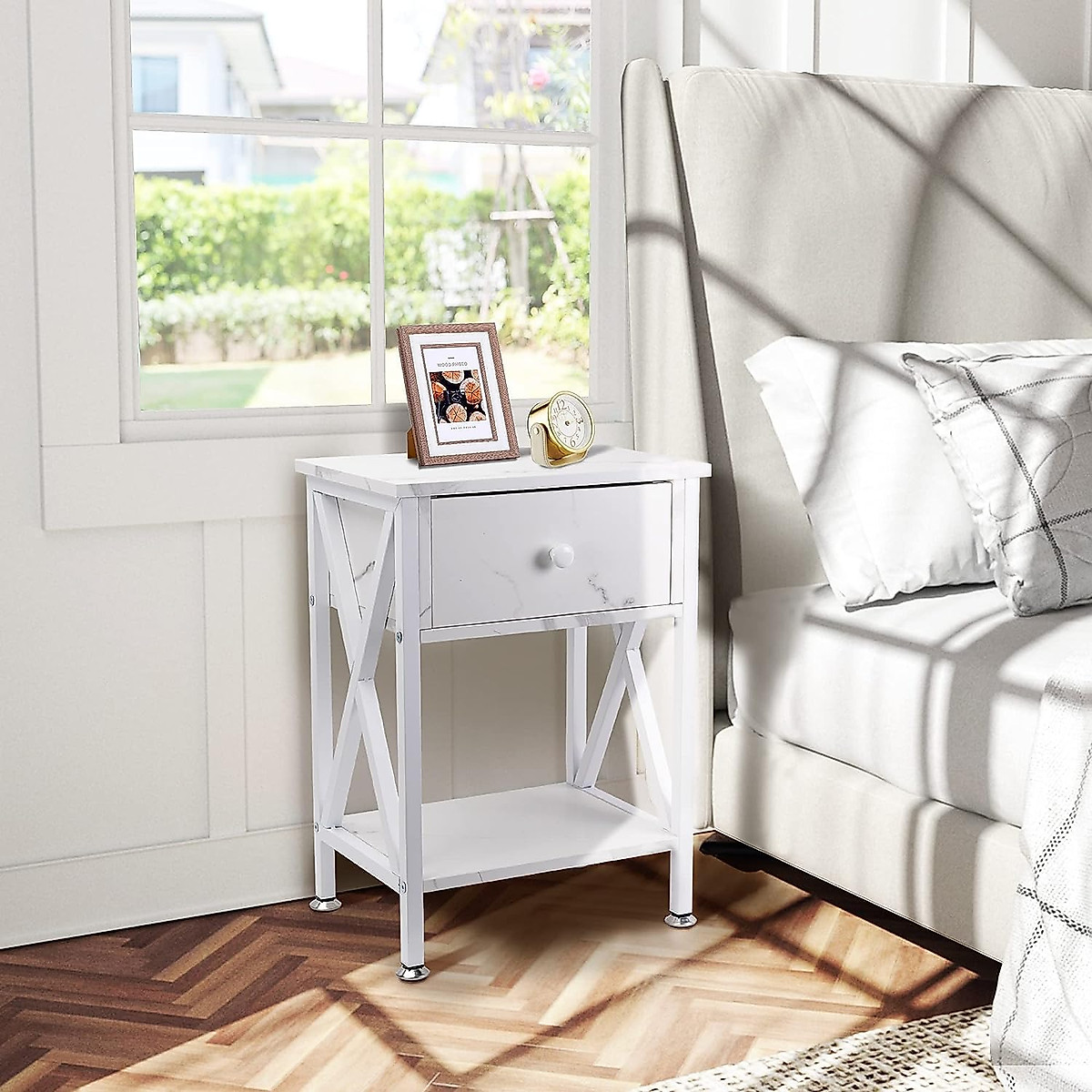 GOOD & GRACIOUS Nightstand End Side Table with Drawer Night Stand End Tables with Shelf for Living Room, Bedroom, Bed Side, Small Narrow Side Tables, Metal White