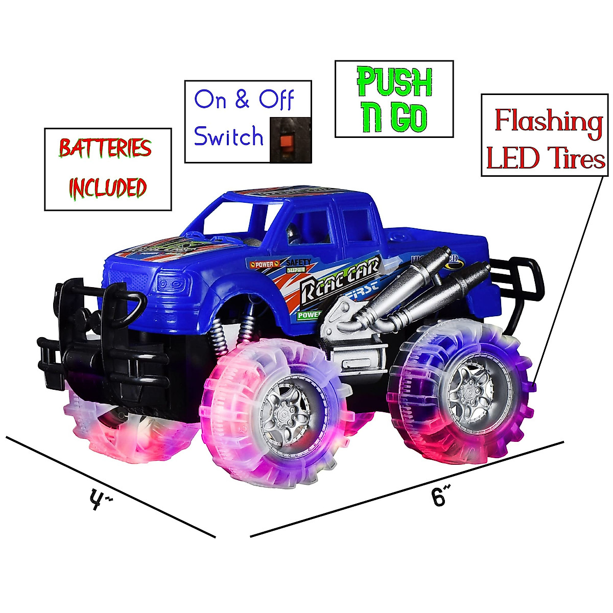Playo Monster Trucks for Boys - Car Toys for Boys & Girls - Light up Toys for Kids - 6" Truck with Flashing LED Tires - Toy Cars for 3 Year Old boy + - Push n Go Childrens Birthday Gift (Blue)