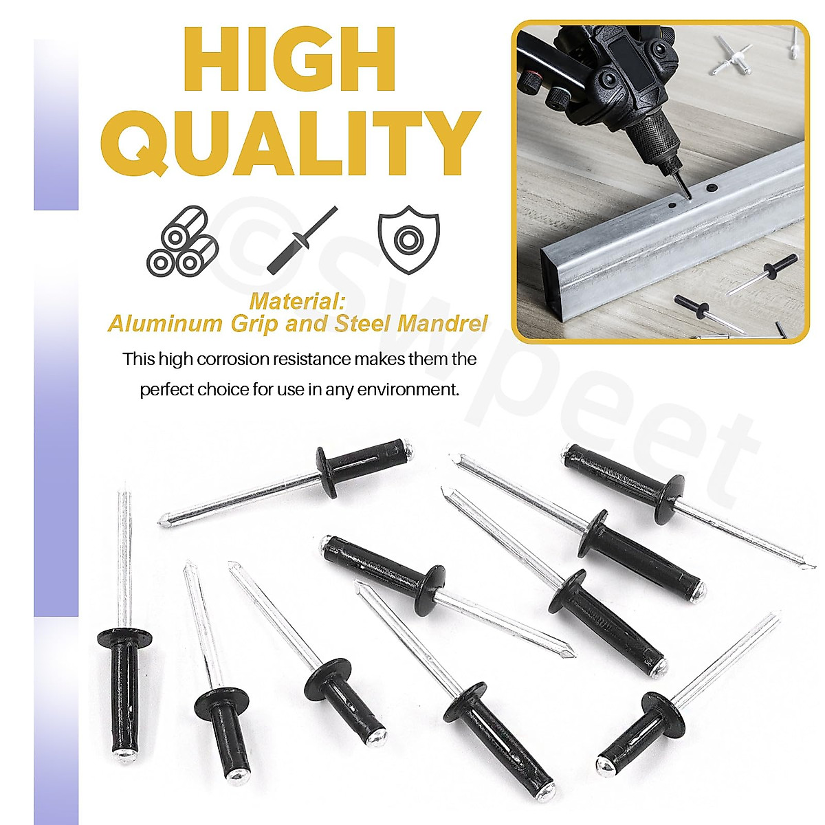 Swpeet 80Pcs 3/16" x 9/16" / 3/4" / 13/16" / 1" Aluminum Long Grip Tri-Grip Rivets Tri-Fold Tri Bulb Mounting Rivet Blind Rivets Assortment Kit, Tri-Grip Rivet Perfect for Deep Water Installing Boat