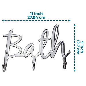 Comfify Modern Style “Bath” Wall Mount Towel Holder and Robe Hook Hand-Cast Aluminum Bathroom Hanger Decor w/ 3 Hooks for Towels, Robes, Clothing | Includes Screws and Anchors | Silver Color