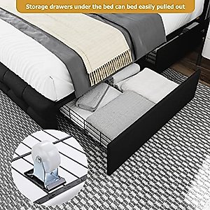 Queen Bed Frame with 4 Storage Drawers and Adjustable Headboard, Upholstered Platform Bed with Button Tufted Design, Strong Wooden Slats Support, No Box Spring Needed, Black